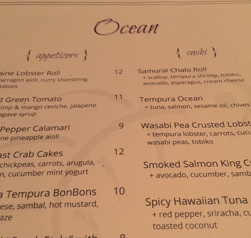 Menu at Ocean Restaurant, Birmingham