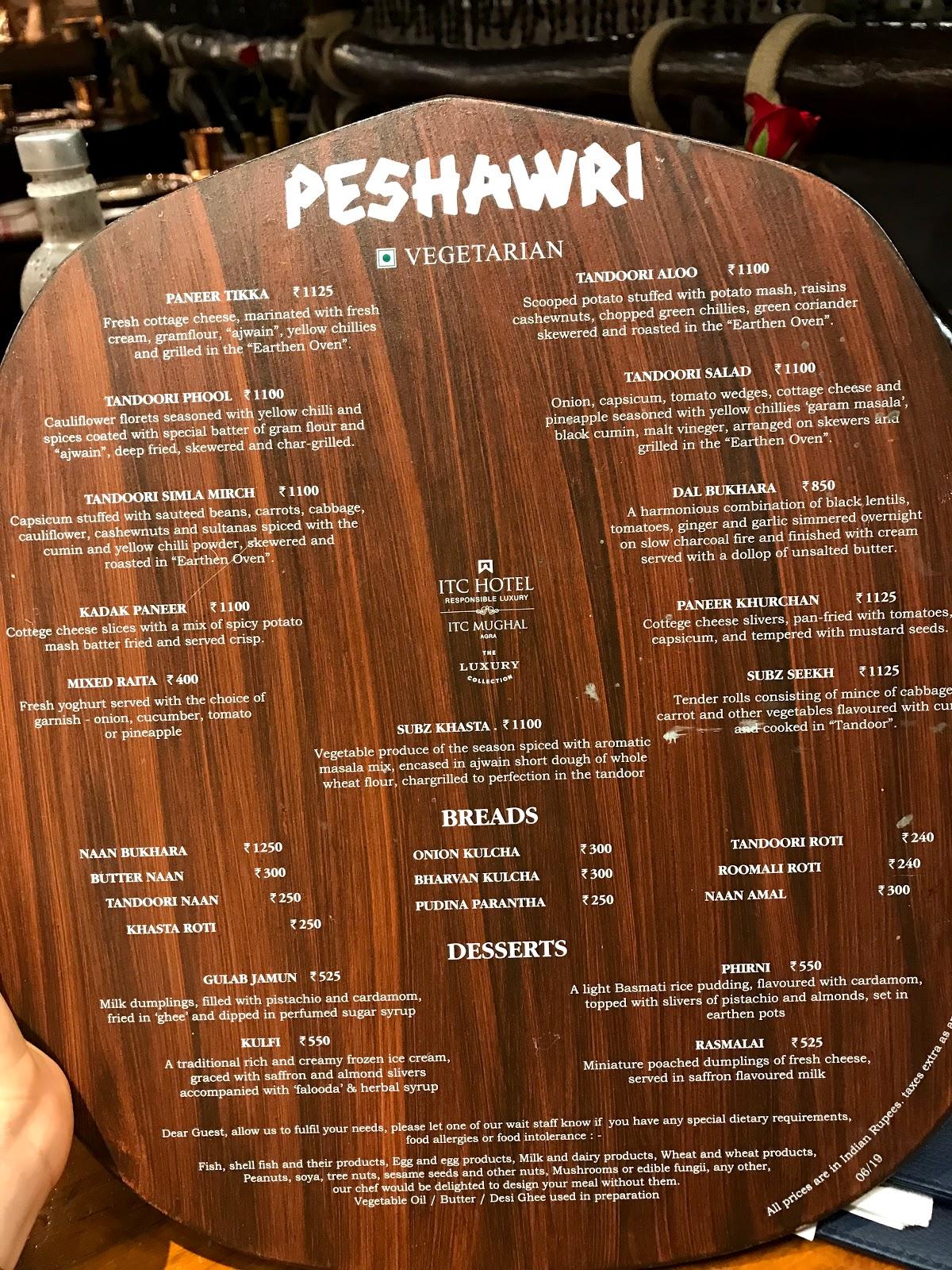 Menu at PESHAWRI, Agra