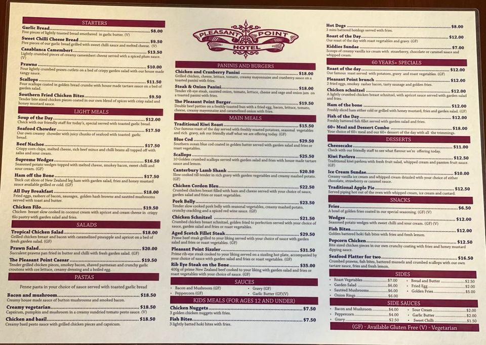 Menu at Pleasant Point Hotel pub & bar, Pleasant Point