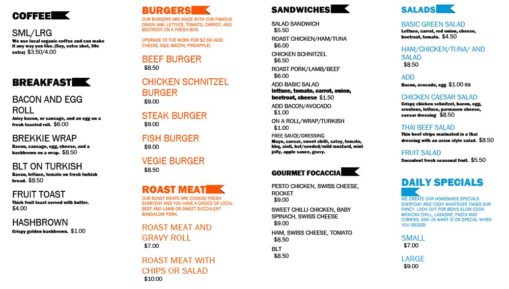 Menu at Racecourse Cafe, Ballina