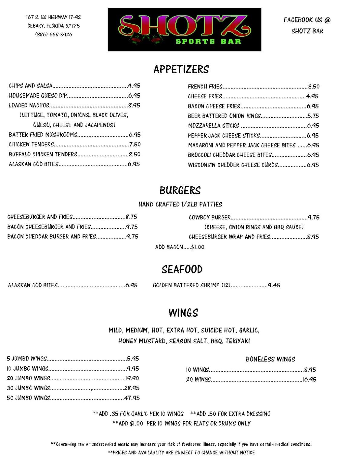 Menu at Shotz pub & bar, DeBary
