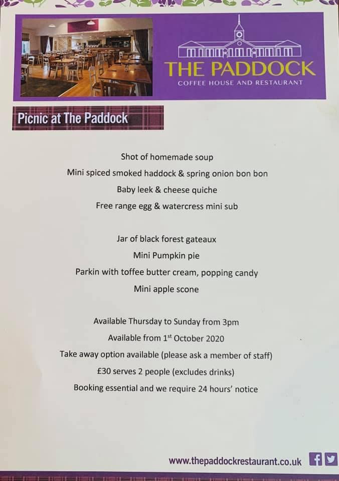 Menu at The Paddock cafe, Wigan