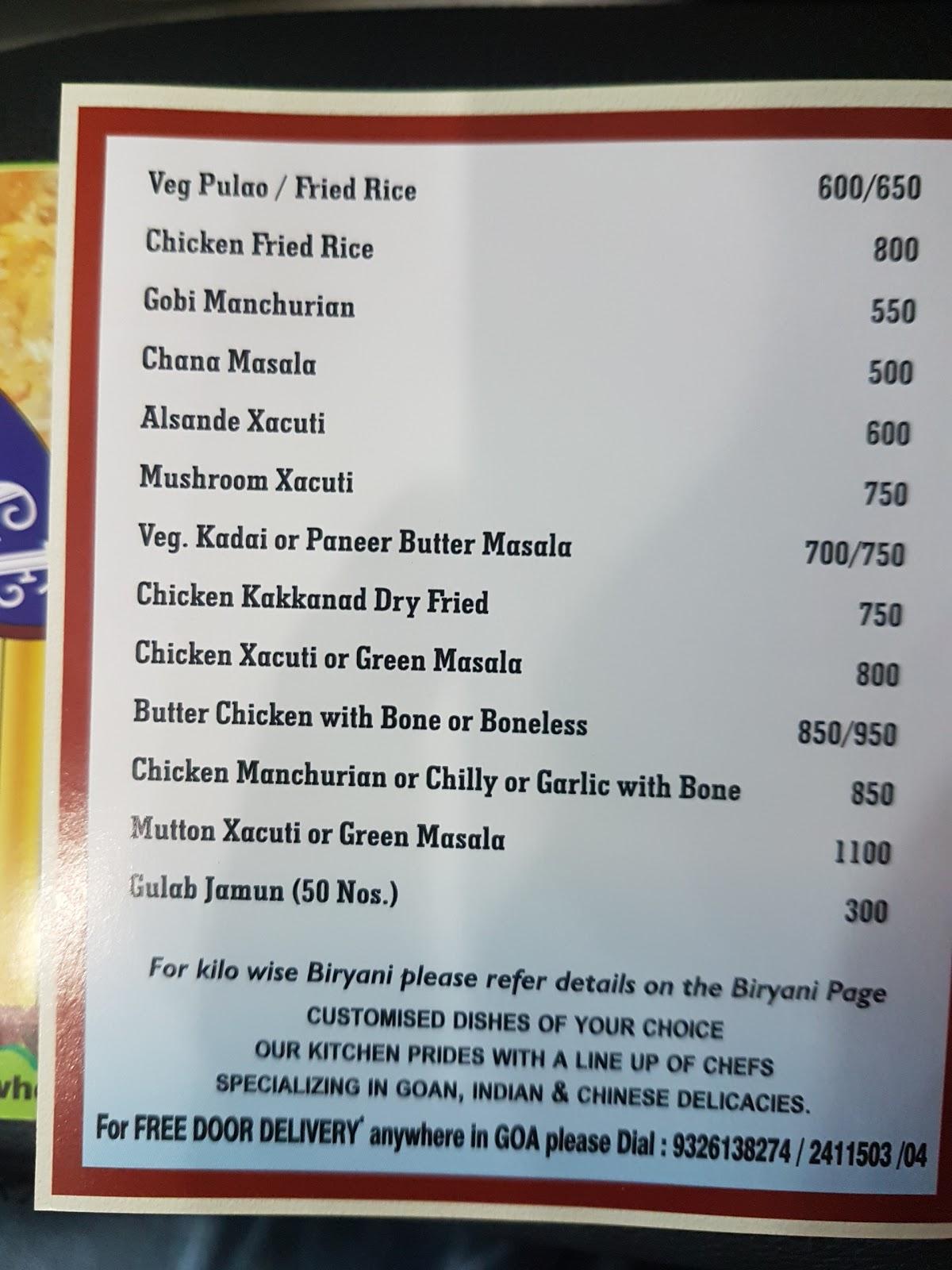 Menu at Biryani Palace, Pilerne, BB Borkar Road