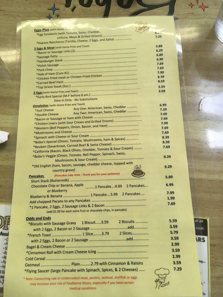 Menu at Bobo's Restaurant, Tucson