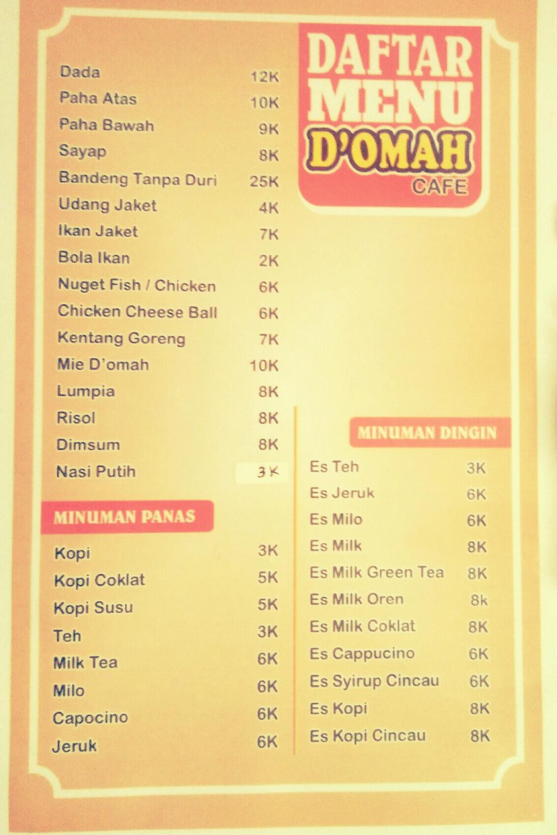 Menu at D'omah cafe, Pengulu