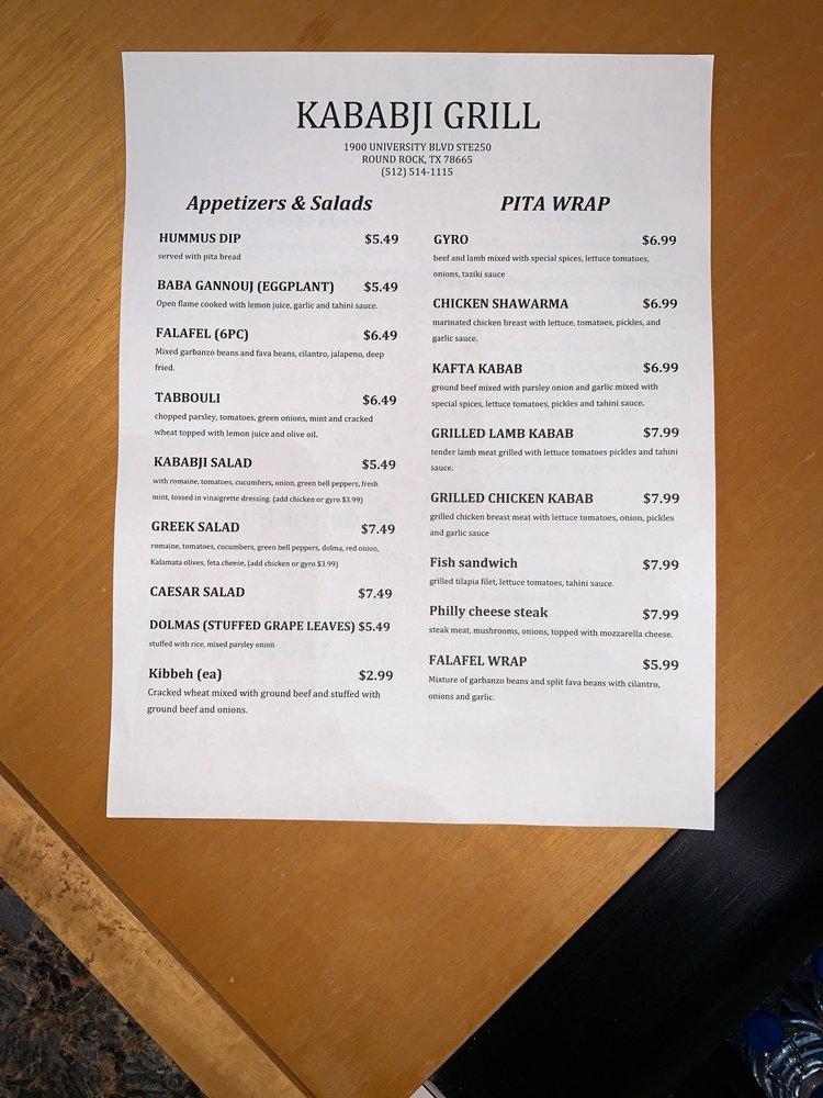 Menu at Kababji Grill restaurant, Round Rock