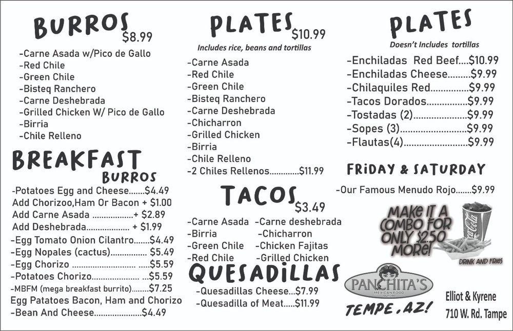 Menu at Panchitas Mexican Food restaurant, Tempe