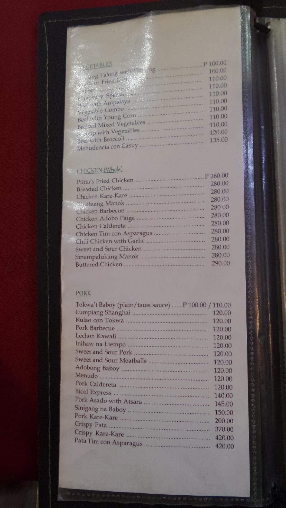 Menu at Pilita's Restaurant, Tanza