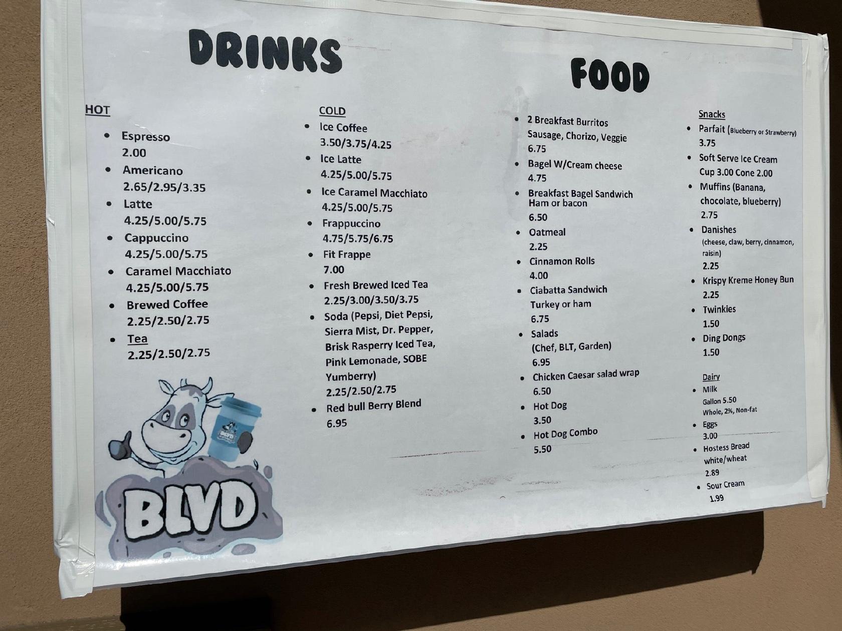 Menu at BLVD Espresso cafe, California City