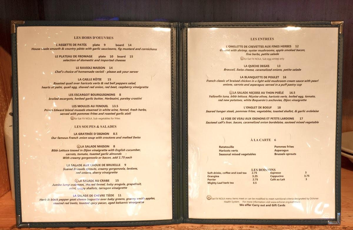 Menu at Cafe Degas, New Orleans