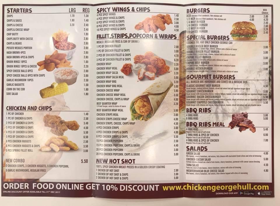 Menu at Chicken George fast food, Hull, 247 Holderness Rd