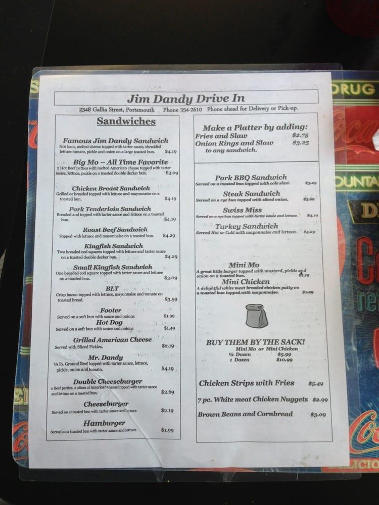 Menu at Jim Dandy Drive in restaurant, Portsmouth