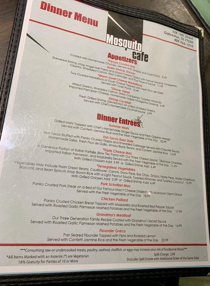 Menu at Mosquito Cafe, Galveston