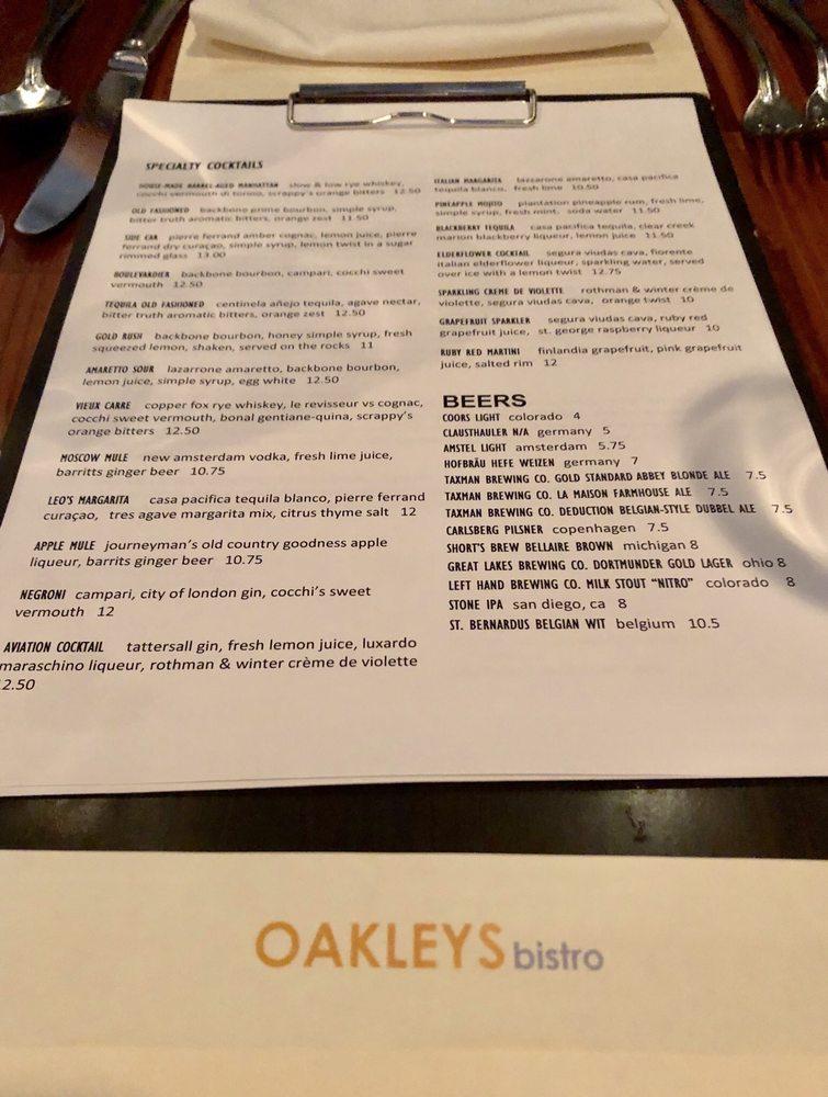 Menu at Oakleys Bistro pub & bar, Indianapolis