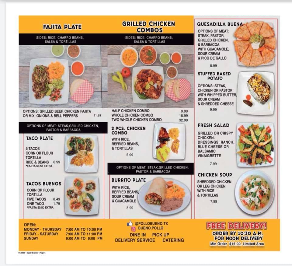 Menu at Pollo Bueno restaurant, Mount Pleasant