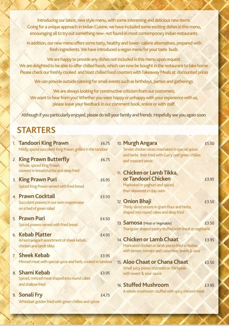 Menu at The Golden curry restaurant, The Mumbles
