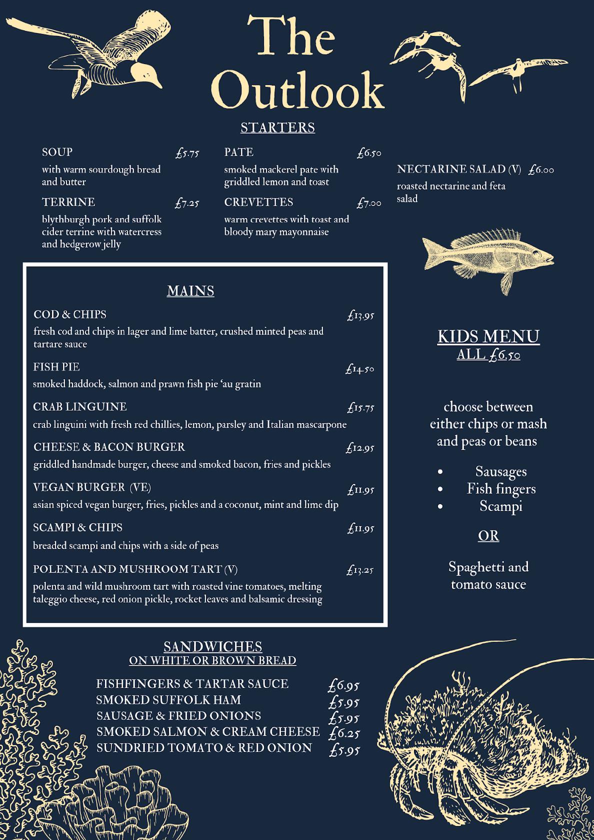 Menu at The Outlook Bar at Foxs Marina, Ipswich