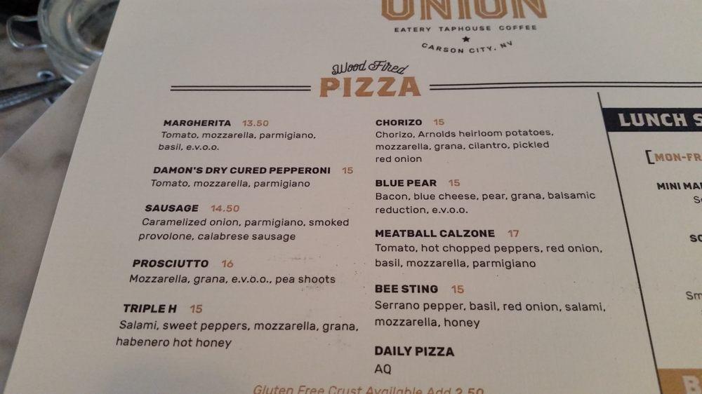 Menu at The Union pizzeria, Carson City