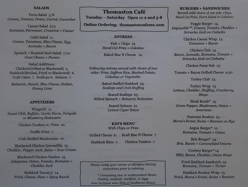 Menu at Thomaston Cafe, Thomaston, 154 Main St