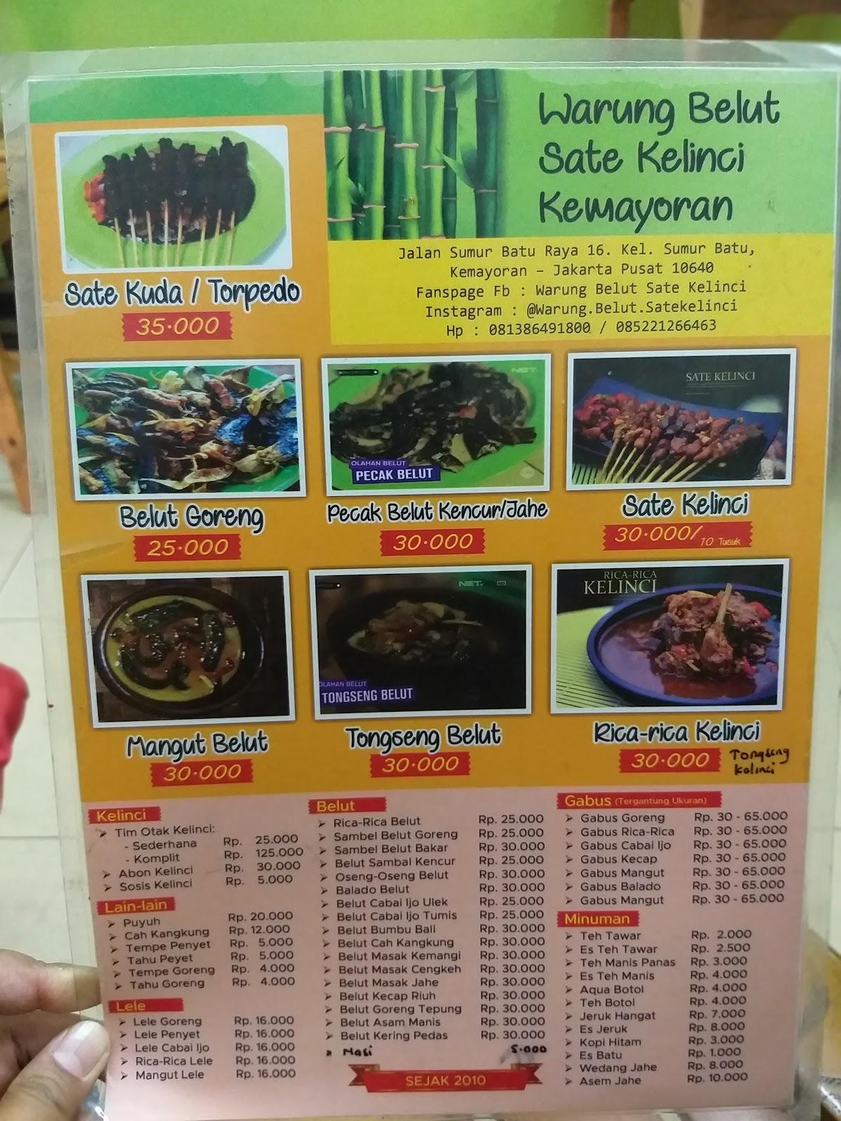 Menu at Warung Belut Sate Kelinci Kemayoran ( Resto Belut Sunadi ...