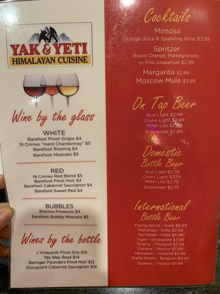 Carta del pub y bar Yak & Yeti Himalayan Cuisine, Evansville