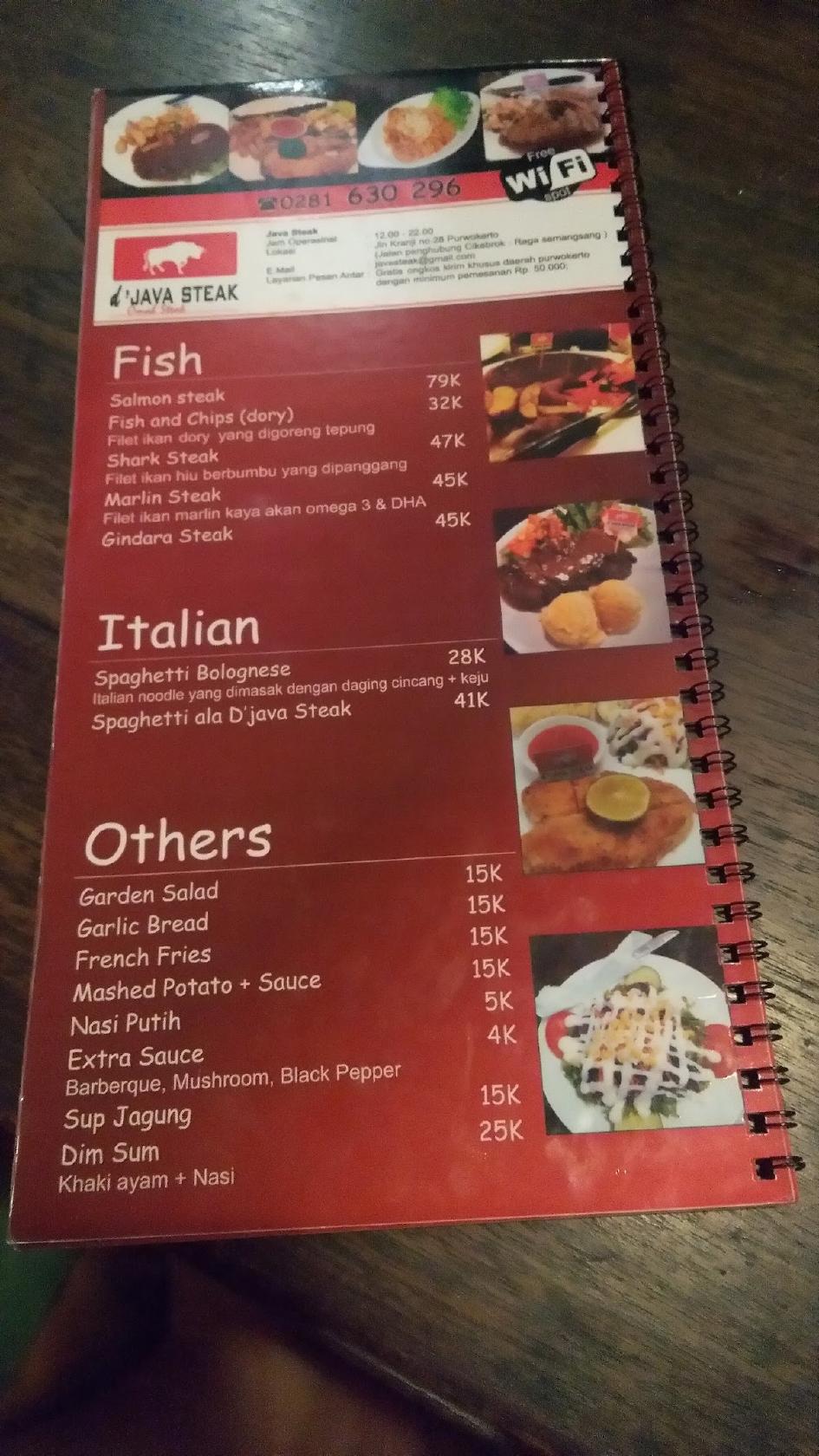 Menu at d'Java Steak steakhouse, Purwokerto, Jl. Kranji No. 28