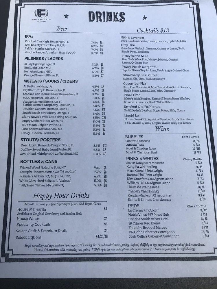 Menu at American Social Orlando pub & bar, Orlando