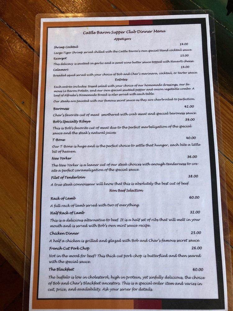 Menu at Cattle Baron Supper Club, Babb