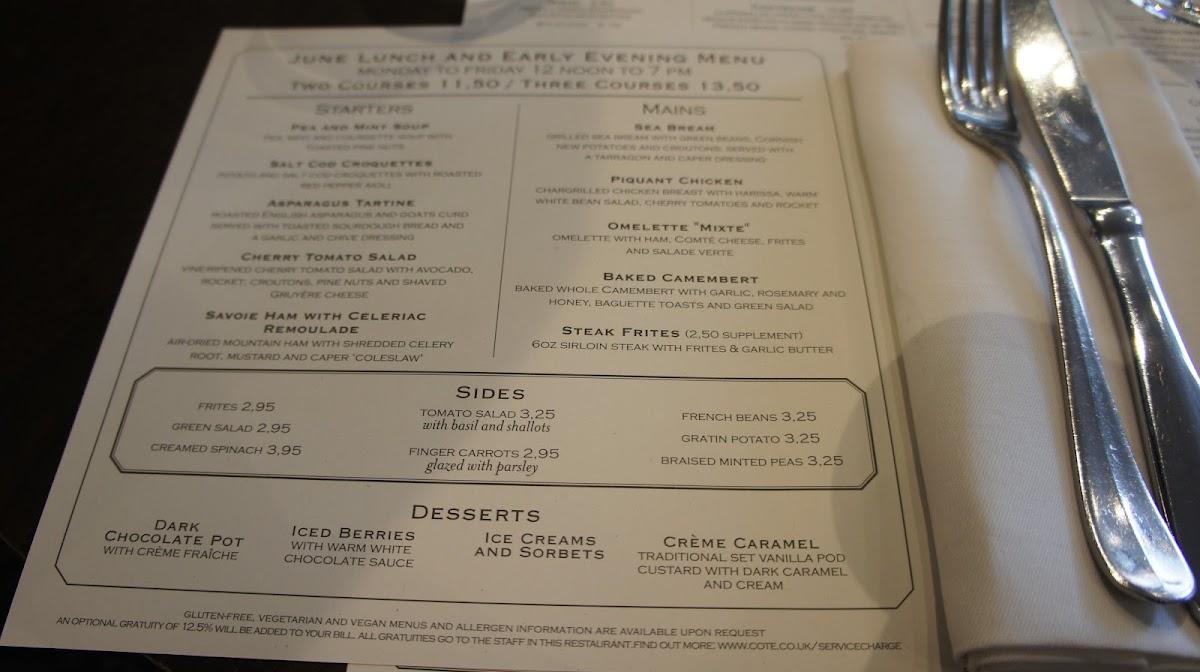 Menu at Côte Wimbledon restaurant, London, 8 High Street Wimbledon