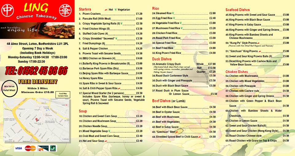 Menu at Ling chinese takeaway restaurant, Luton