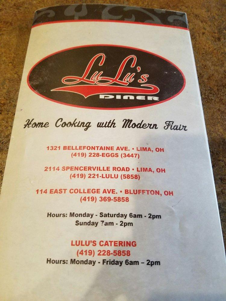 Menu at LuLu's Diner restaurant, Lima, Spencerville Rd