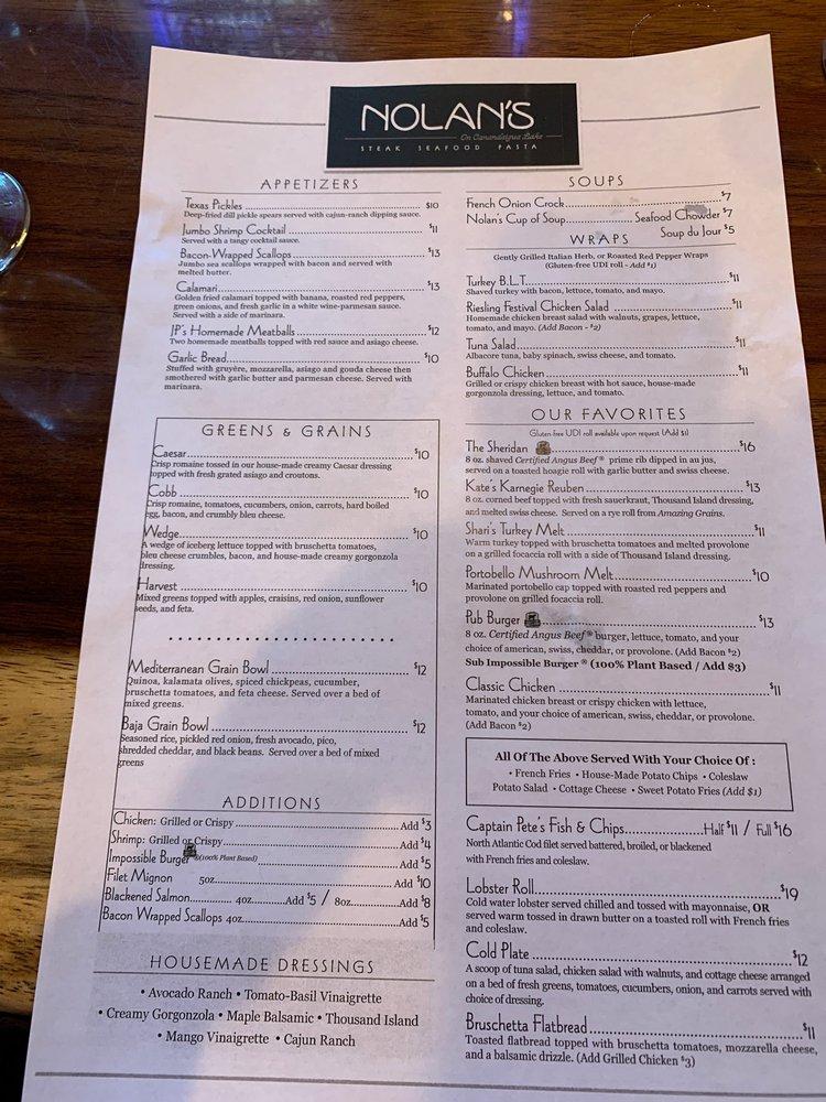Menu at Nolan's steakhouse, Canandaigua