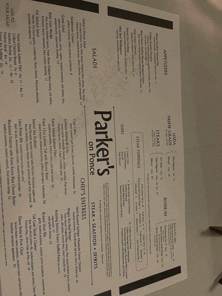 Menu at Parker's on Ponce pub & bar, Decatur