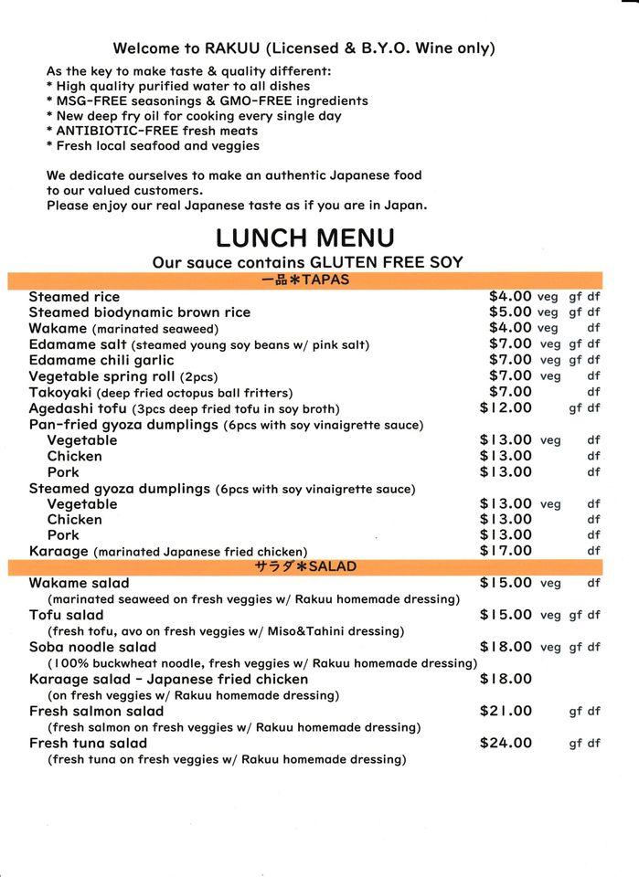 Menu at Rakuu restaurant, Ballina
