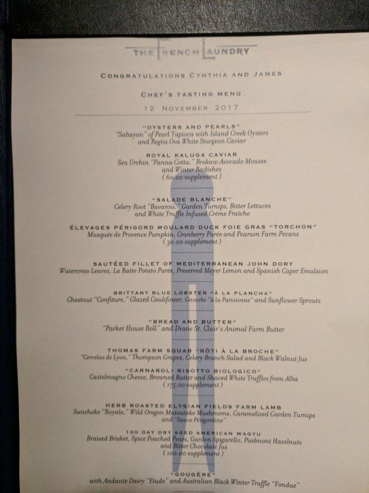 Menu at The French Laundry restaurant, Yountville