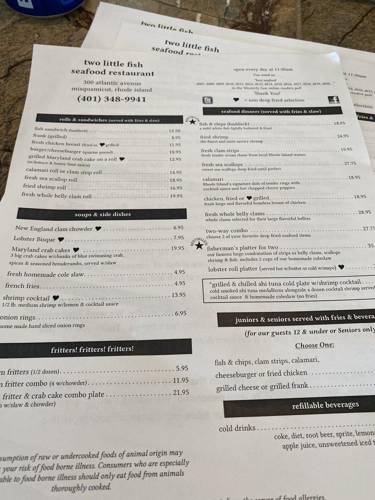 Menu at Two Little Fish restaurant, Westerly