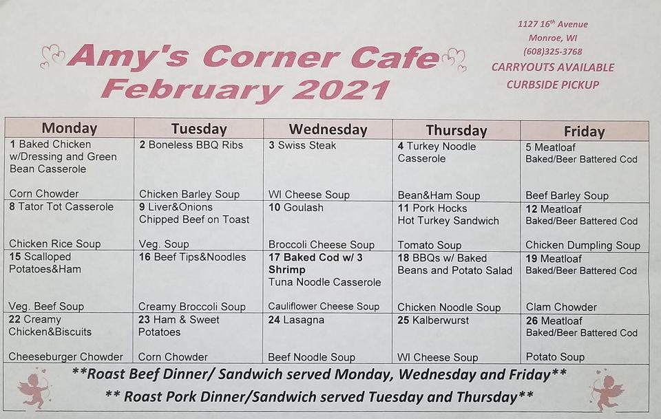 Menu at Amy's Corner Cafe, Monroe
