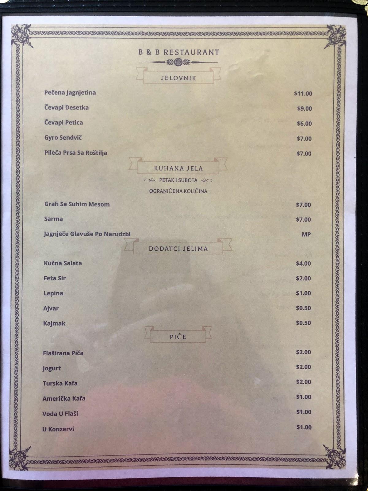 Menu at Balkan House restaurant, Jacksonville