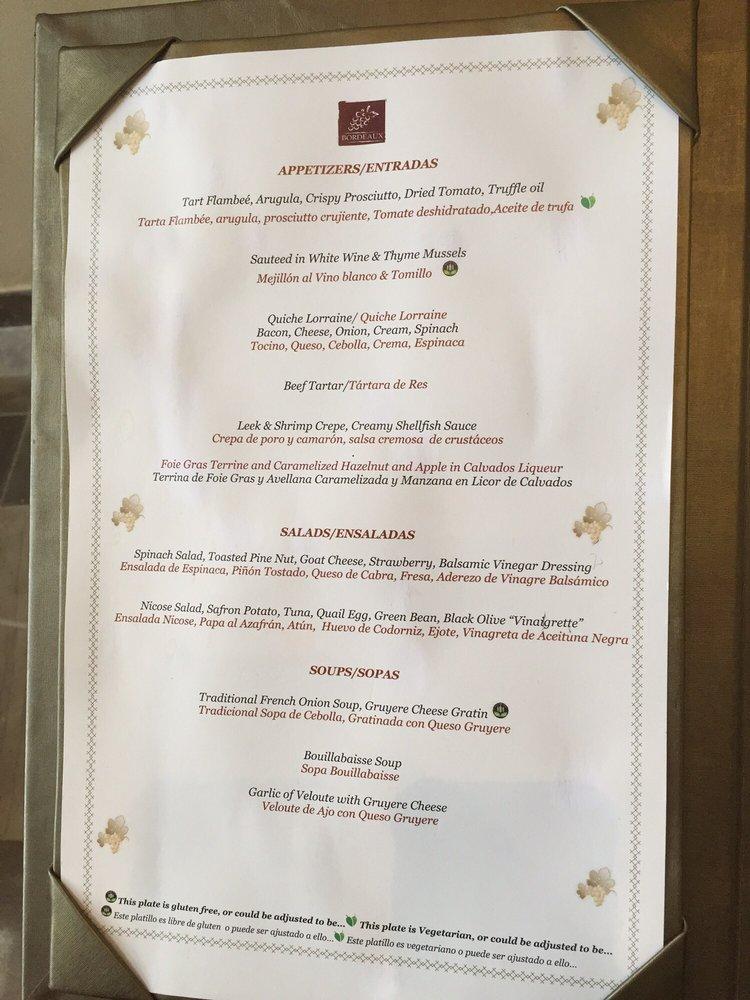 Menu at Bordeaux restaurant, Puerto Vallarta