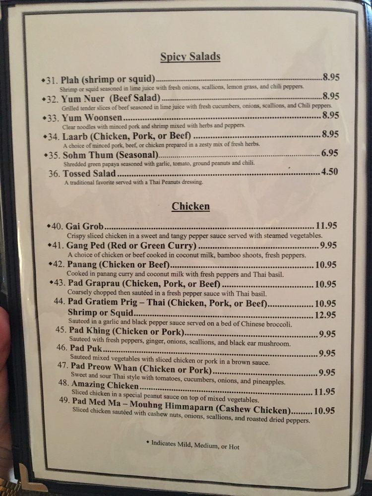 Menu at Cafe De Siam, Tampa