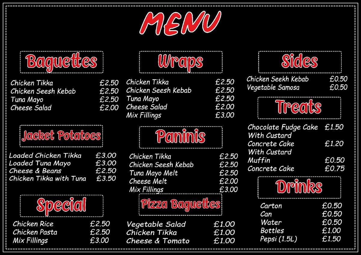 Menu at Fillings fast food, Birmingham, 187 Cherrywood Rd