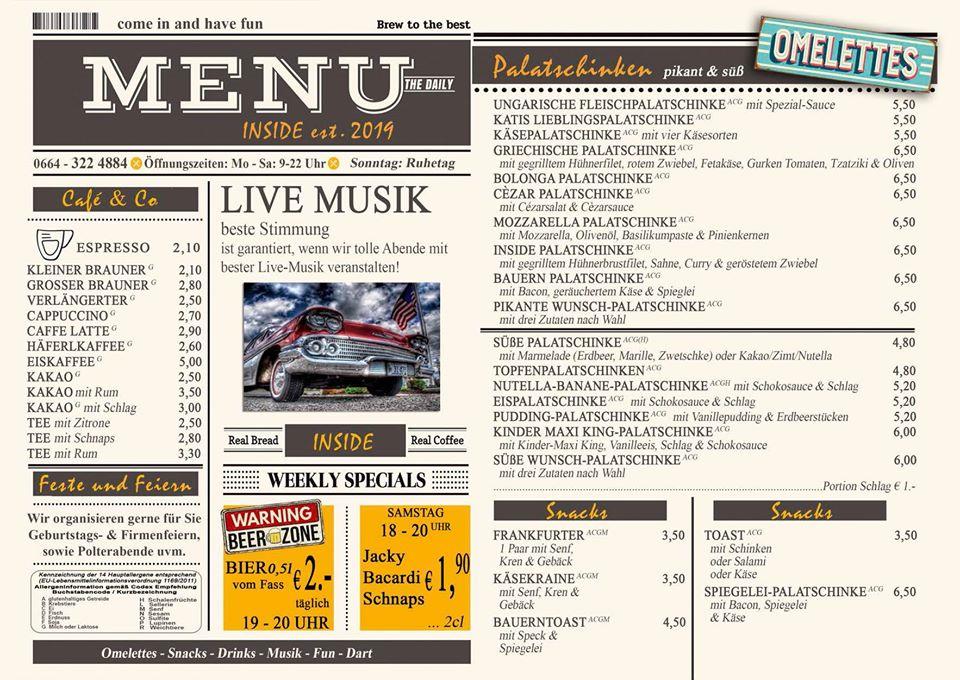 Menu at Inside café and dart cafe, Graz