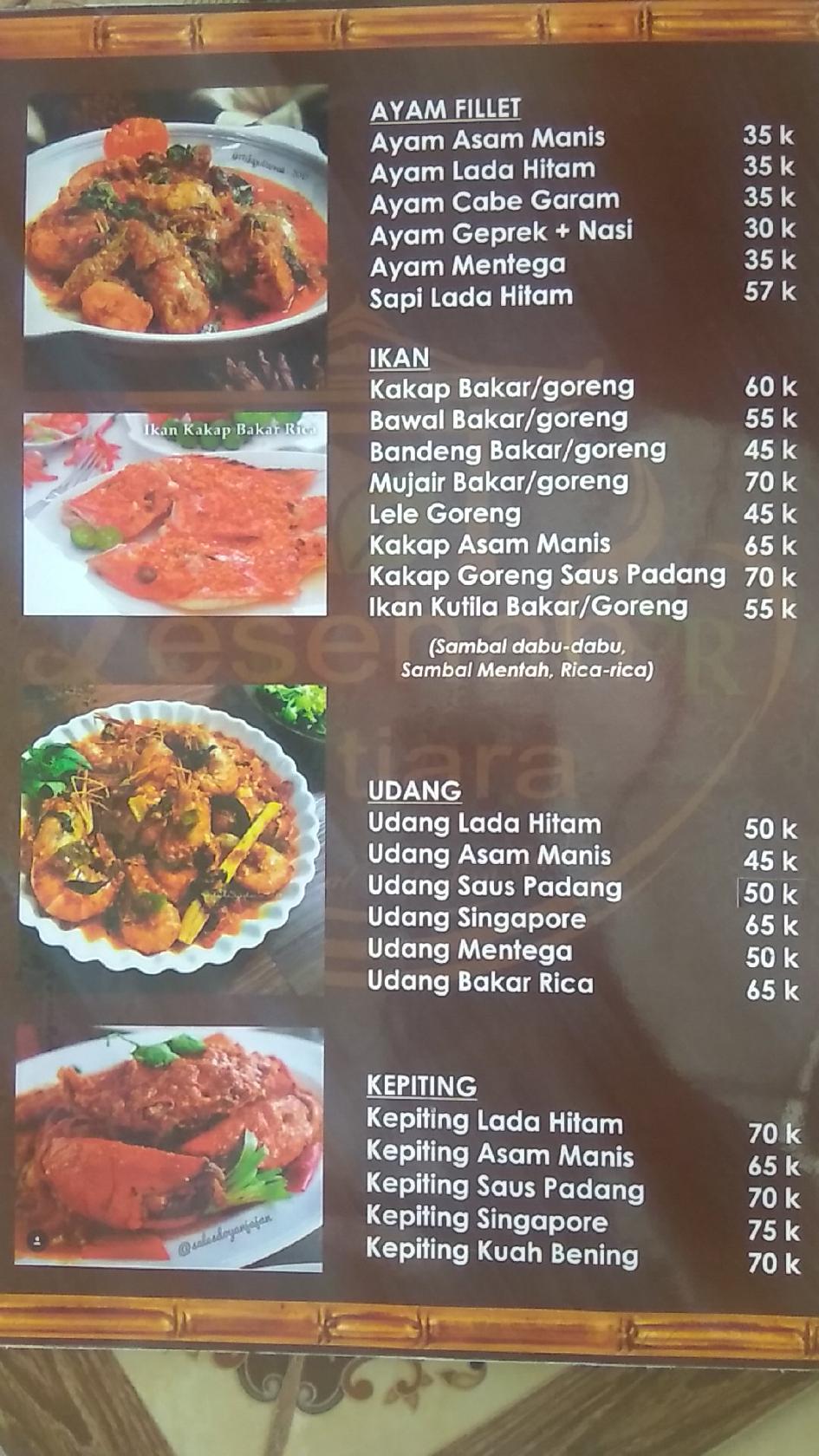 Menu at Lesehan Mutiara restaurant, Karang Senang