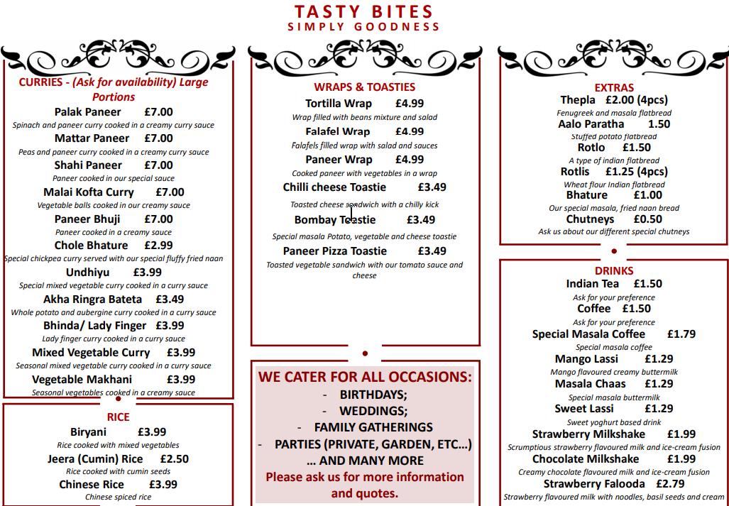 Menu at Tasty Bites, Leicester
