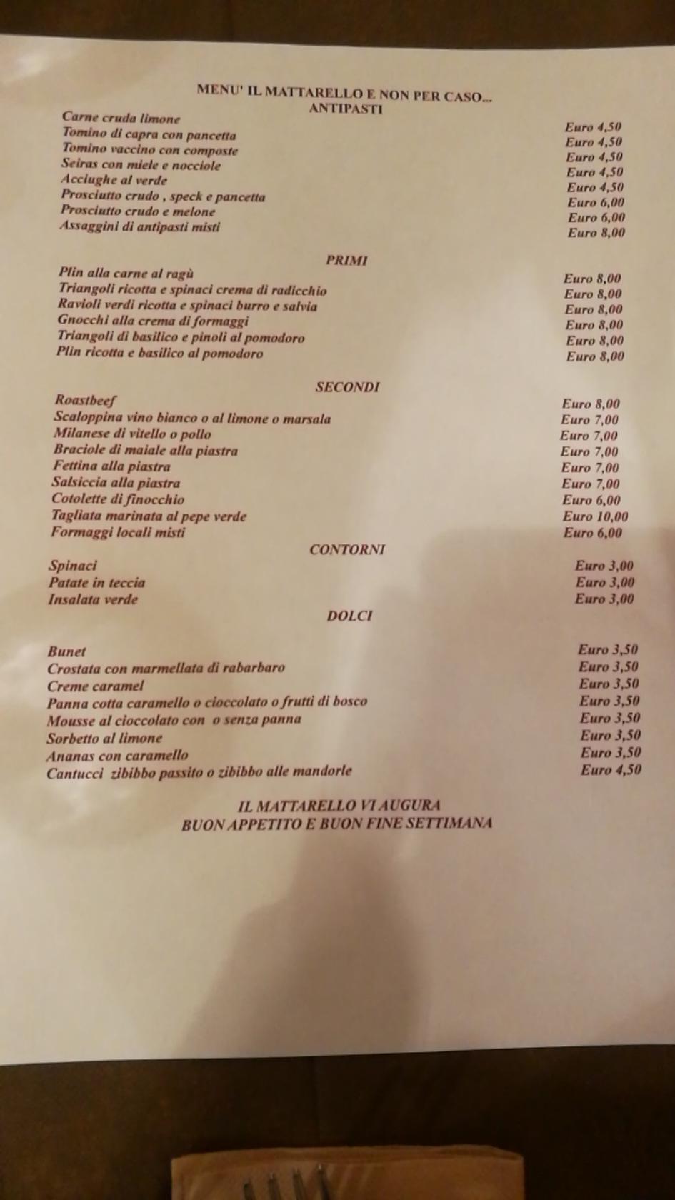 Menu da Trattoria Il Mattarello ristorante, San Sicario