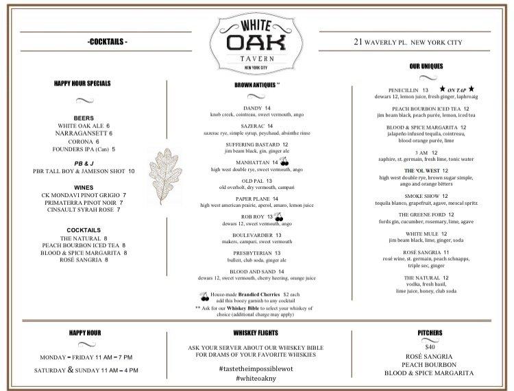 Menu at White Oak Tavern pub & bar, New York City