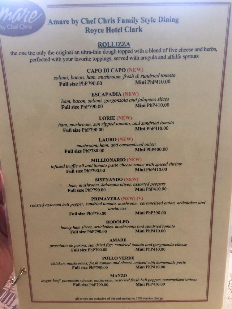 Menu at Amare by Chef Chris restaurant, Angeles, Royce Hotel M. A ...