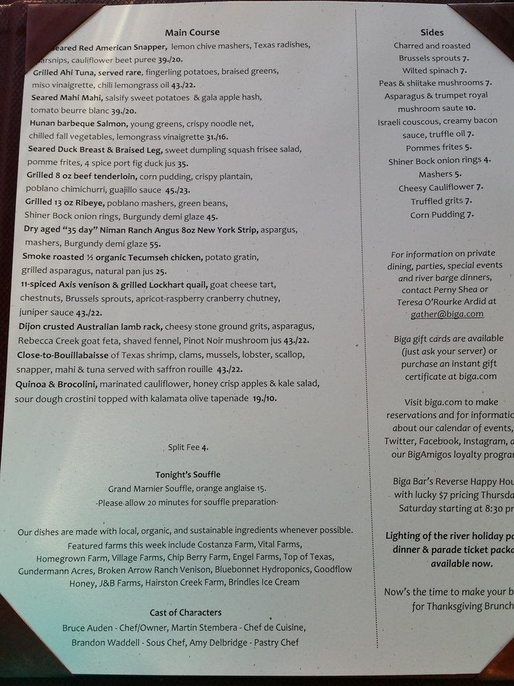 Menu at Biga - San Antonio Riverwalk Restaurant, San Antonio