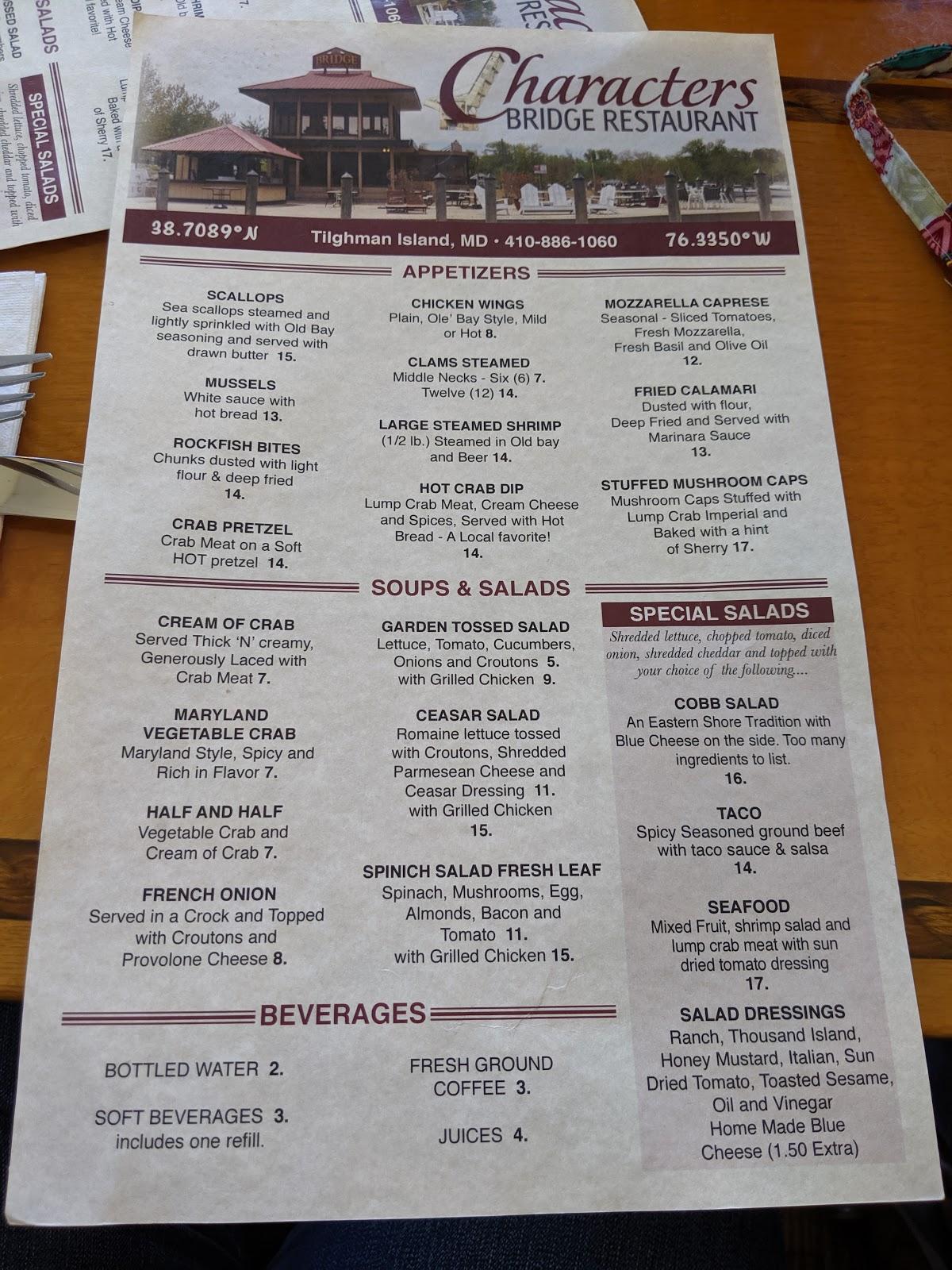 Menu at Characters Bridge Restaurant, Tilghman Island