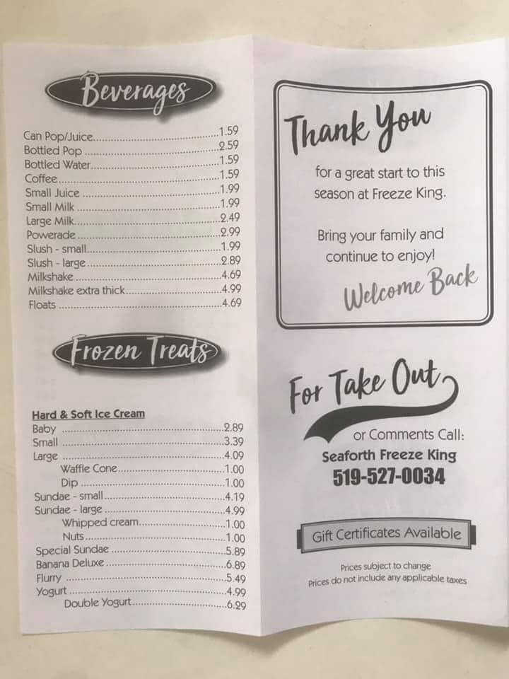 Menu at Freeze King restaurant, Huron East, Huron Rd